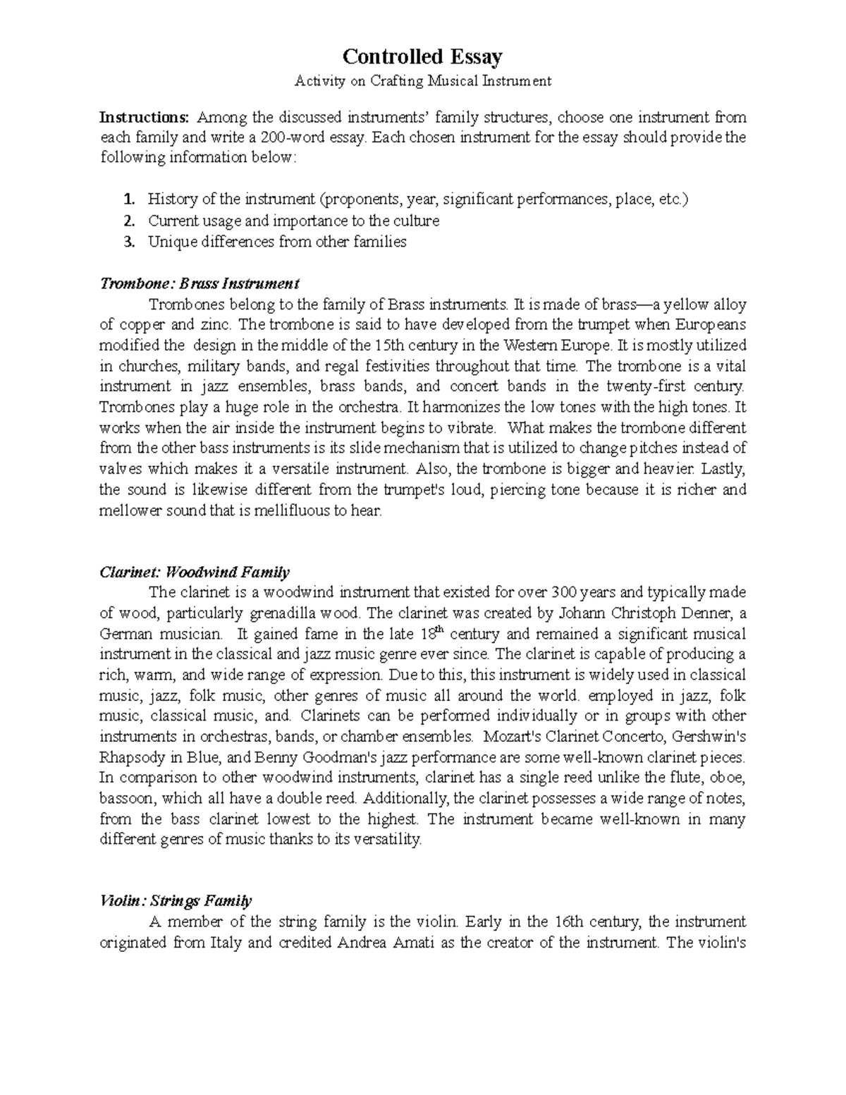 Crafting Musical Instrument - Controlled Essay Activity on Crafting ...