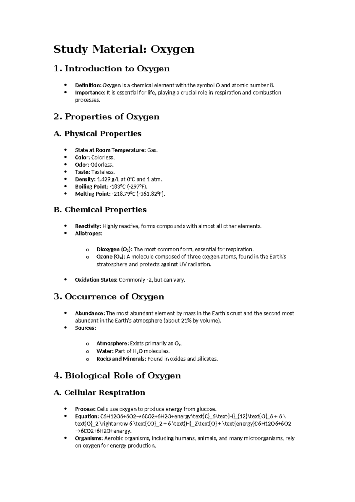 Study about oxygen - Study Material: Oxygen 1. Introduction to Oxygen ...