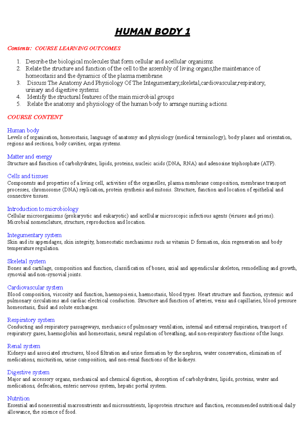 Human Body Notes - HUMAN BODY 1 Contents: COURSE LEARNING OUTCOMES 1 ...