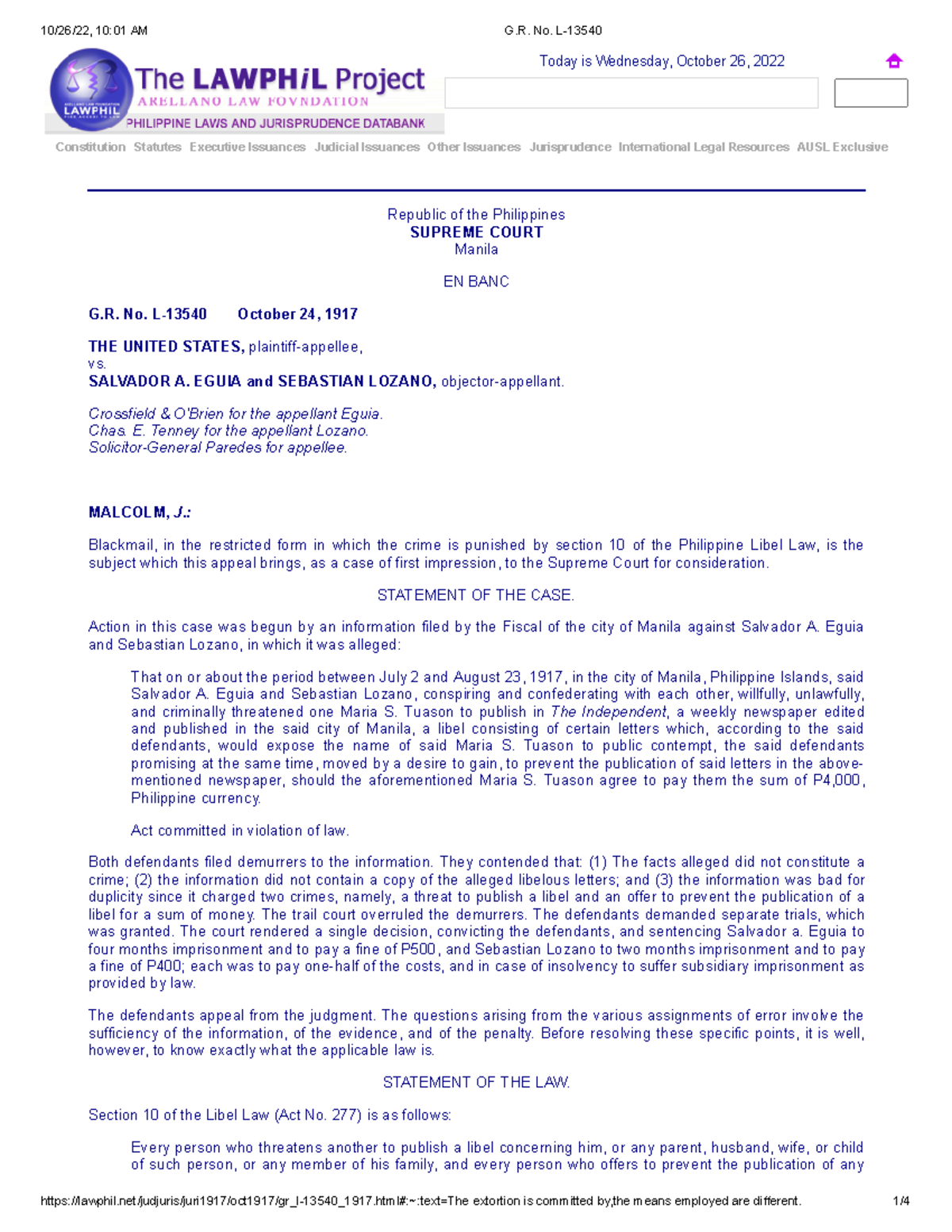 G.R. No. L-13540 Extortion - Constitution Statutes Executive Issuances ...