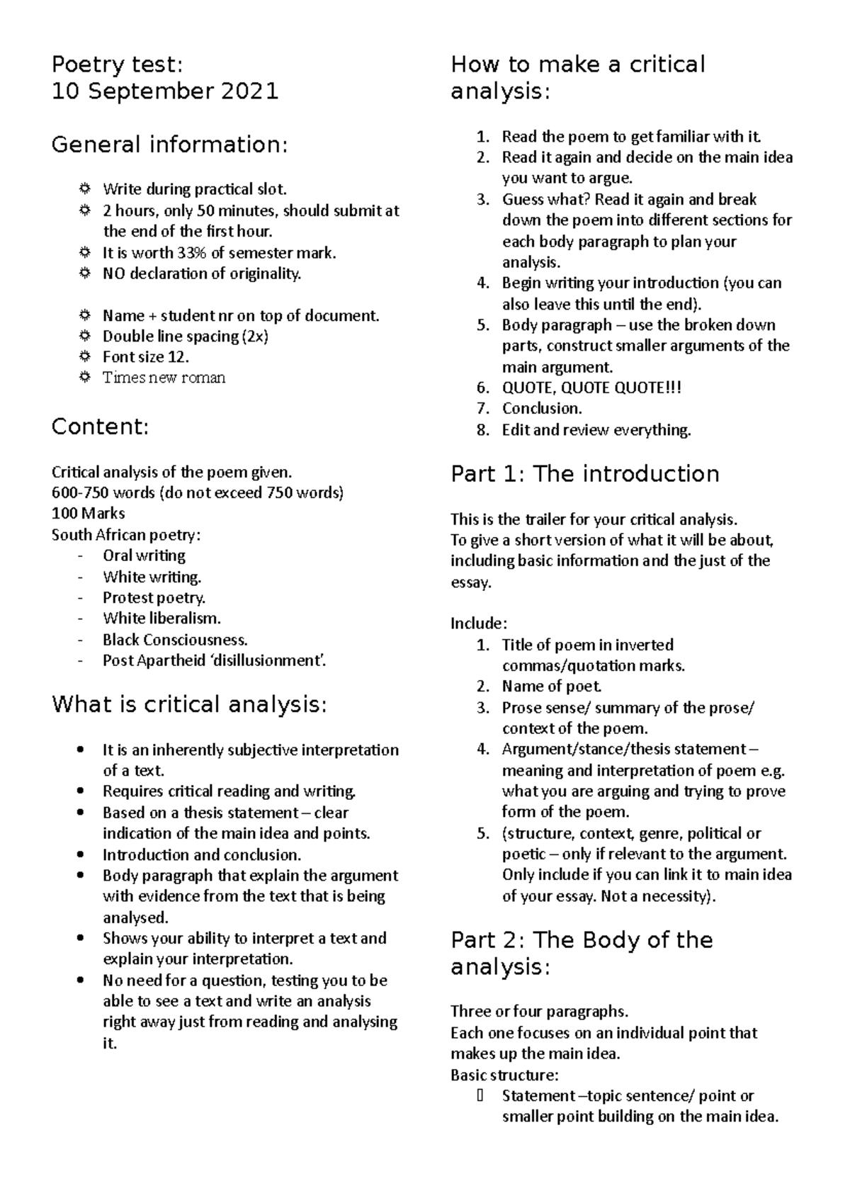 Poetry test DO donts, for the poetry test - Poetry test: 10 September ...