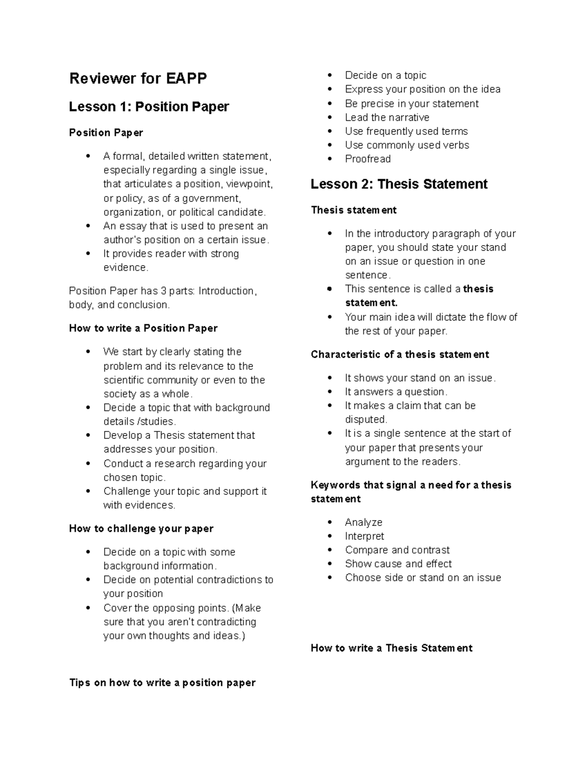 Reviewer for EAPP - all about EAPP from lesson 1-3 - Reviewer for EAPP Lesson 1: Position Paper ...