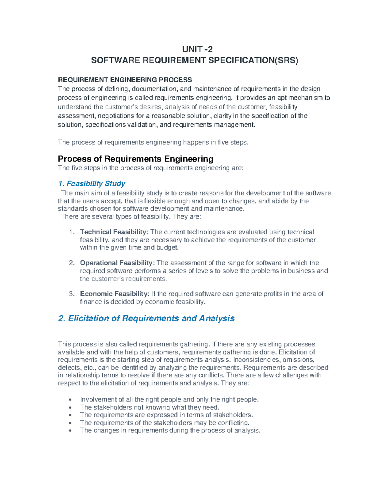 UNIT 2 - UNIT - 2 SOFTWARE REQUIREMENT SPECIFICATION(SRS) REQUIREMENT ...