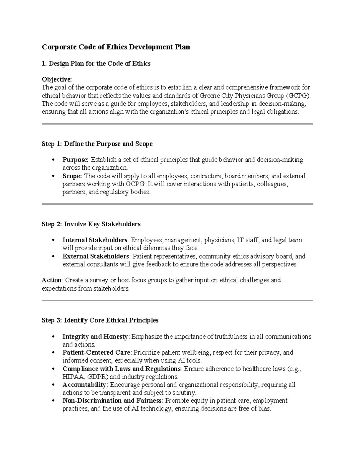 Corporate Code of Ethics Development Plan - Design Plan for the Code of ...