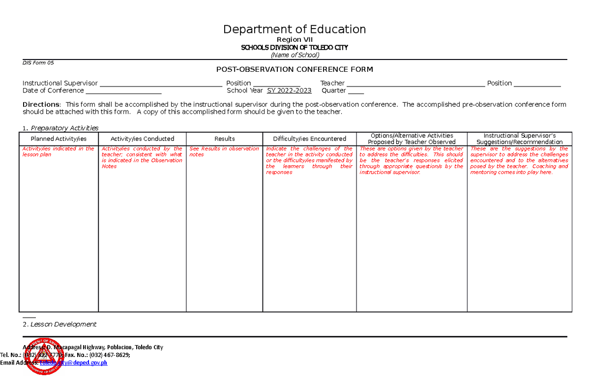 DIS Form 05 Post Observation Conference v2Sept162022 1 - Region VII ...