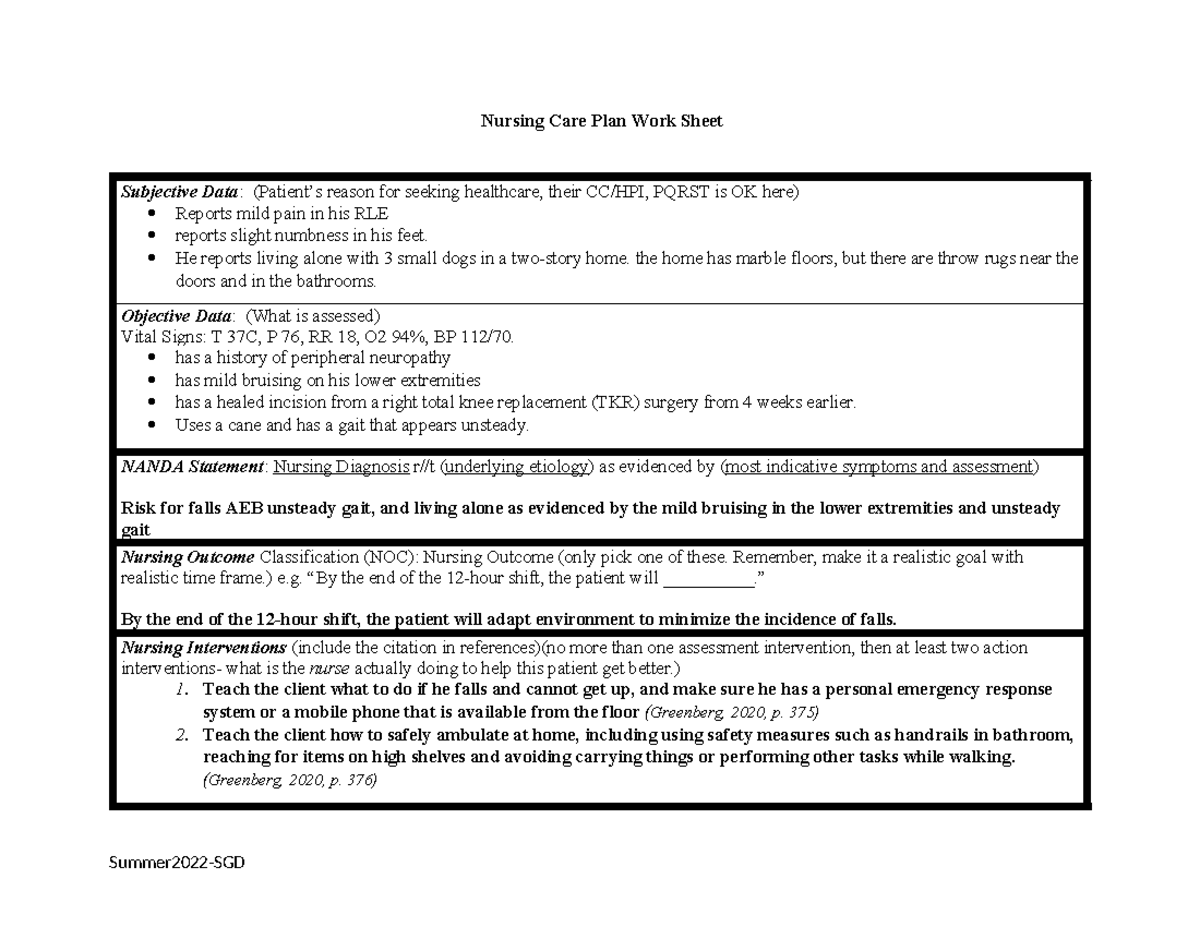 NCP-Risk for Falls - care plans - Nursing Care Plan Work Sheet ...
