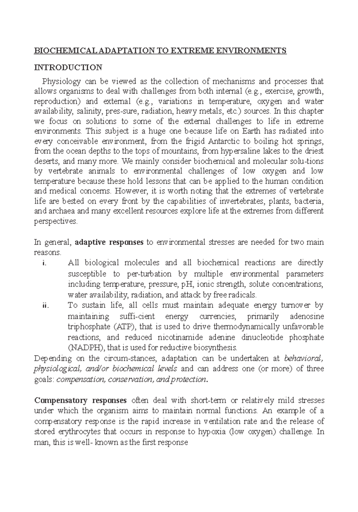 Biochemical Adaptation TO Extreme Environments - BIOCHEMICAL ADAPTATION ...