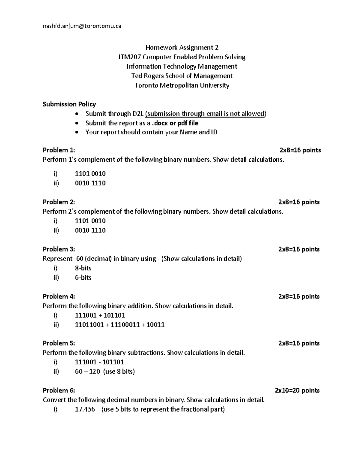 Homework Assignment 2 - nashid@torontomu Homework Assignment 2 ITM207 Computer Enabled Problem ...