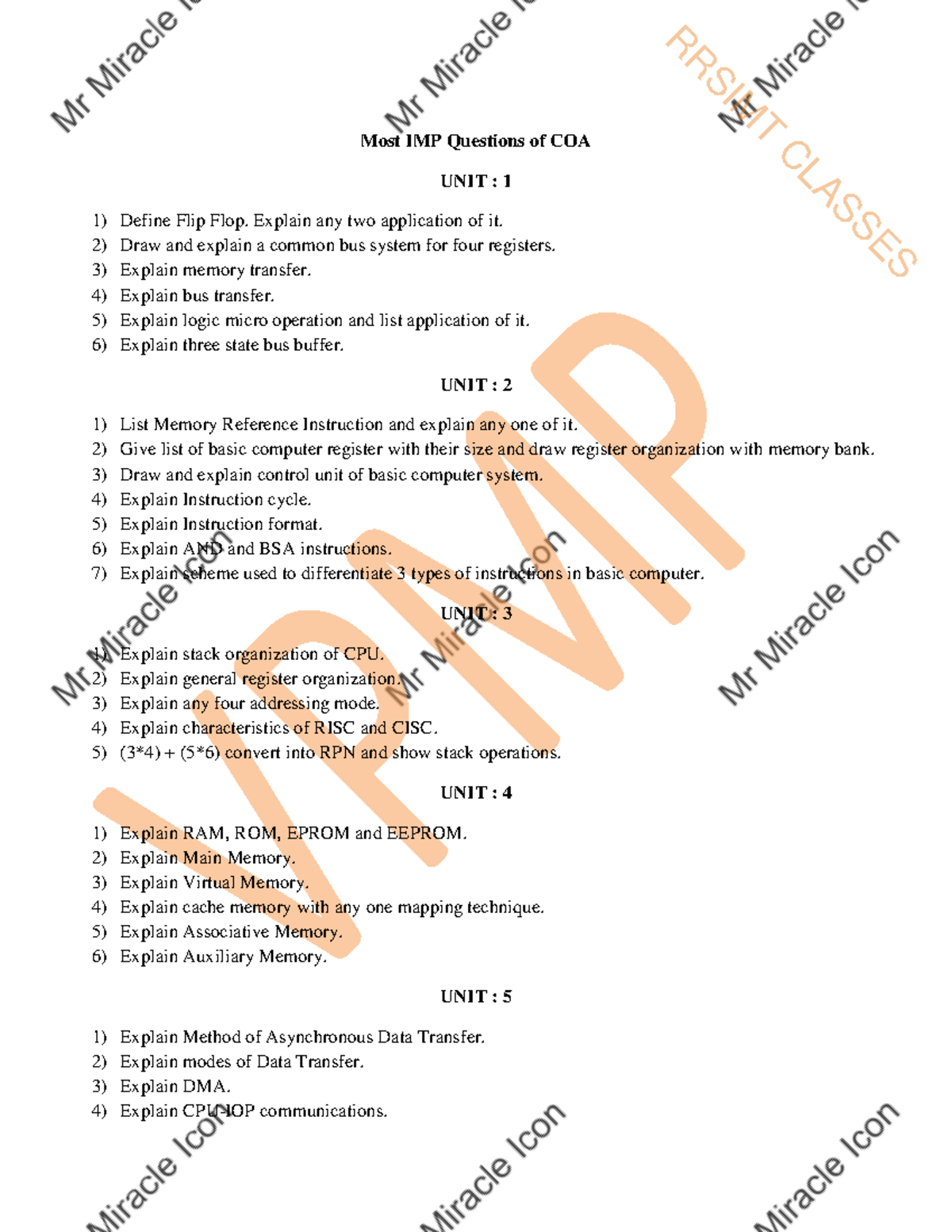 COA Most Important Questions - Most IMP Questions of COA UNIT : 1 Define Flip Flop. Explain any ...