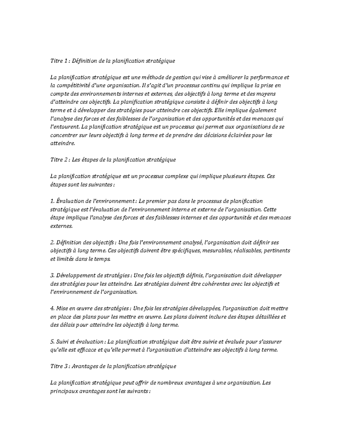 Strategic Planning note study - Titre 1 : Définition de la ...