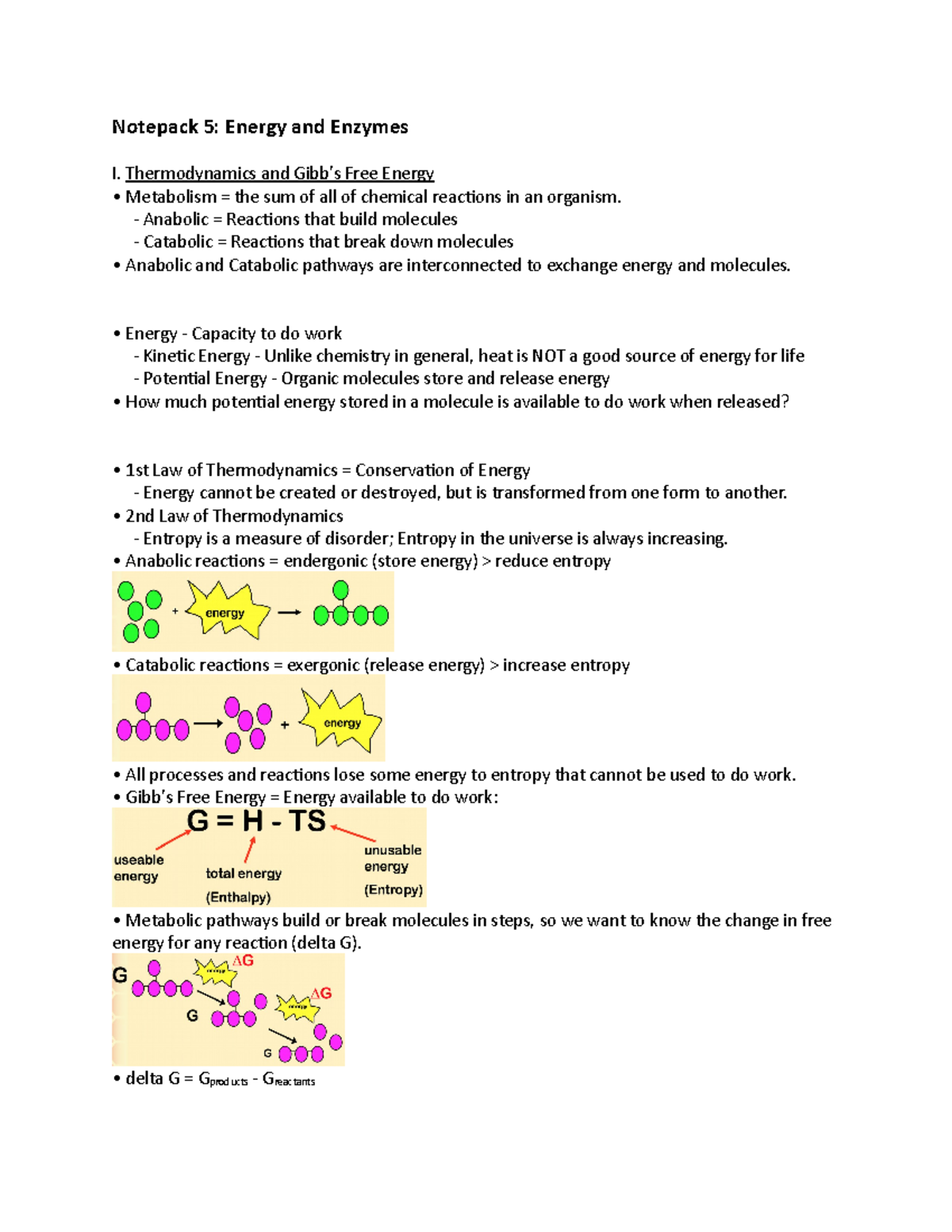 Notepack 5 - Notes - Notepack 5: Energy and Enzymes I. Thermodynamics ...