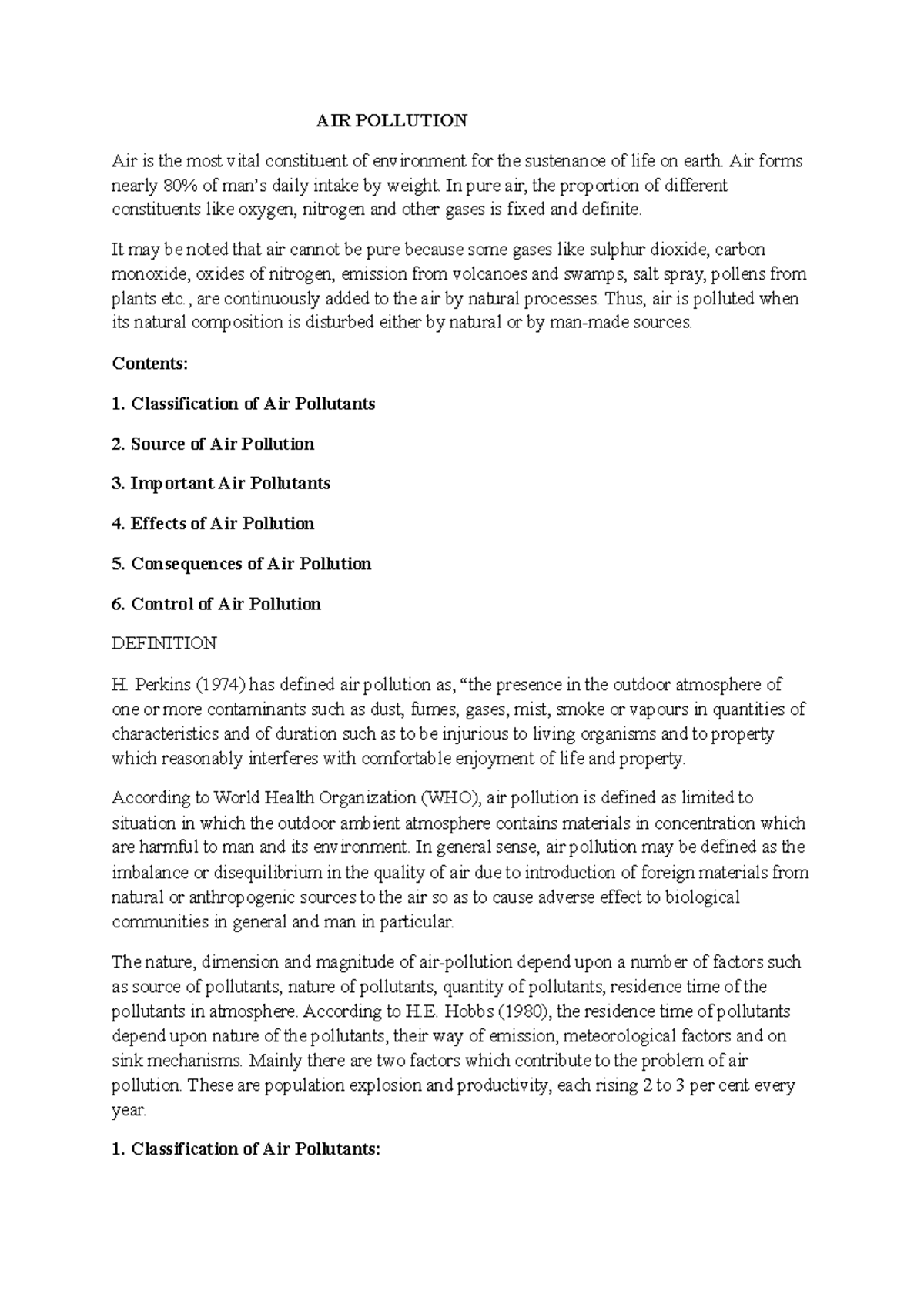 AIR Pollution - Lecture notes 1-3 - AIR POLLUTION Air is the most vital ...