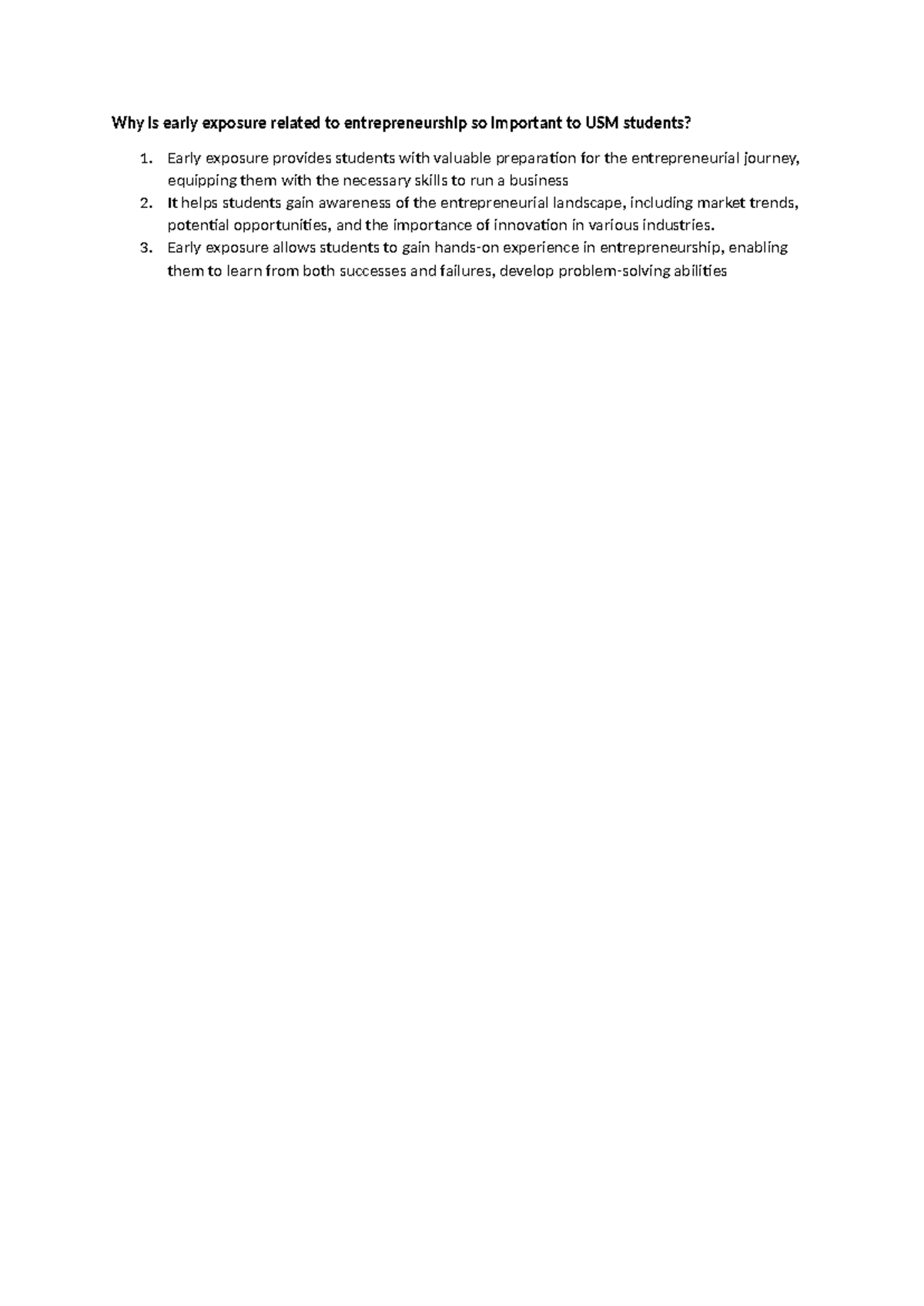 Quiz 1 - Why is early exposure related to entrepreneurship so important ...