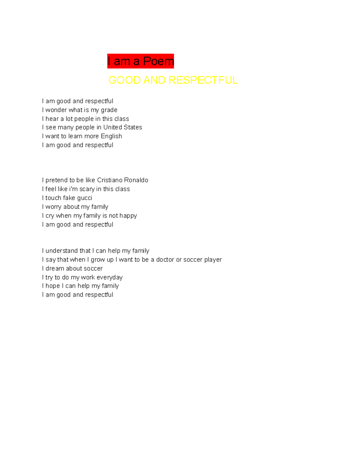 Rashid Ishimwe [ Student] - "I Am" Poem - I am a Poem GOOD AND ...