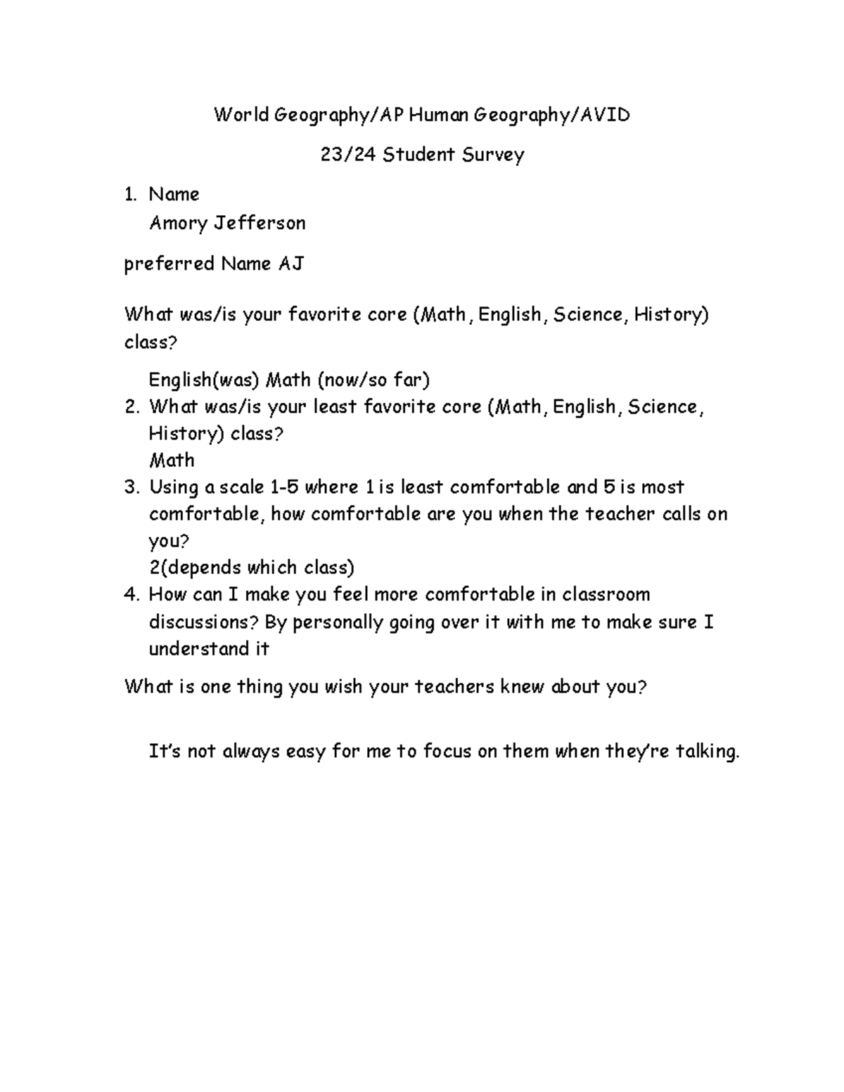 Student Survey - ............. - World Geography/AP Human Geography ...
