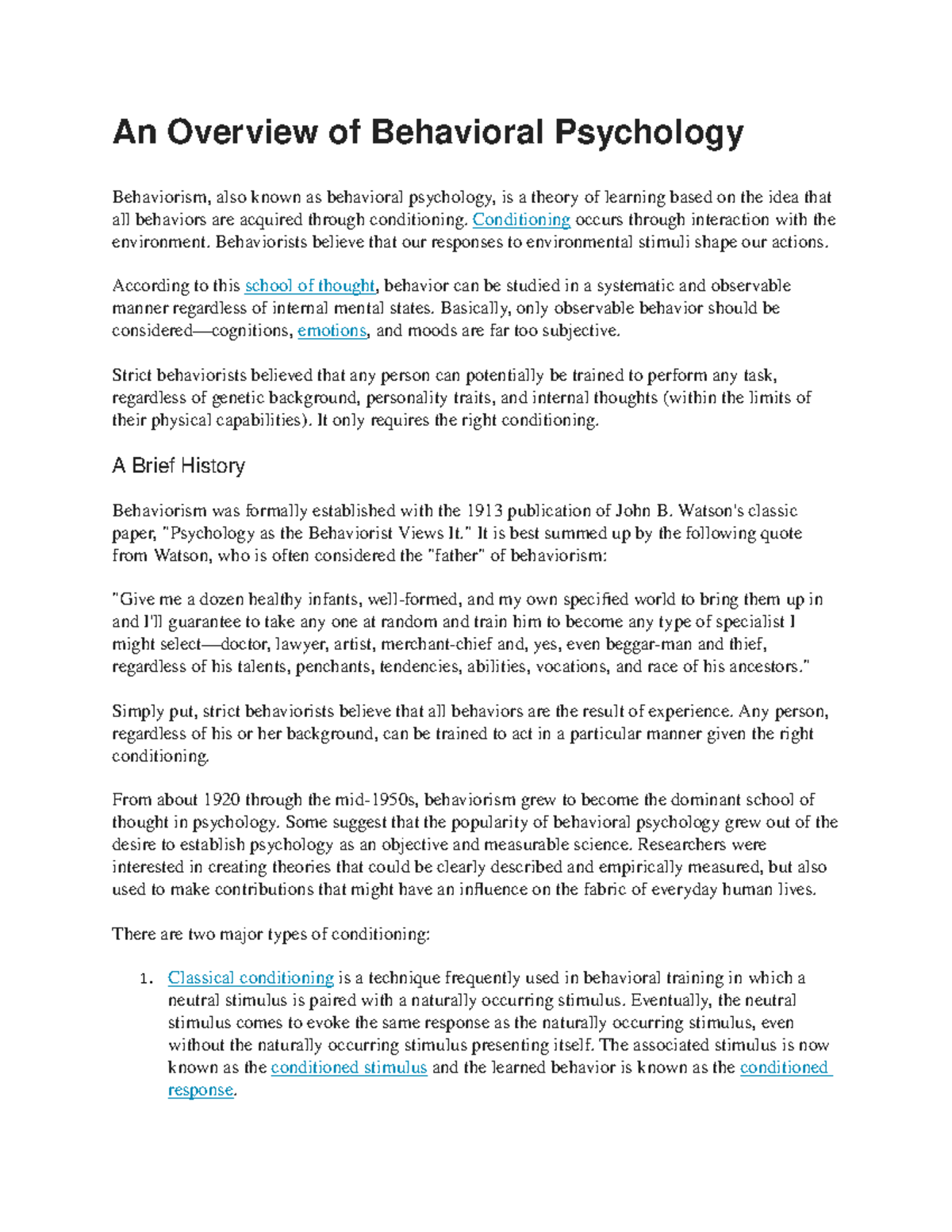 An Overview of Behavioral Psychology - Conditioning occurs through ...