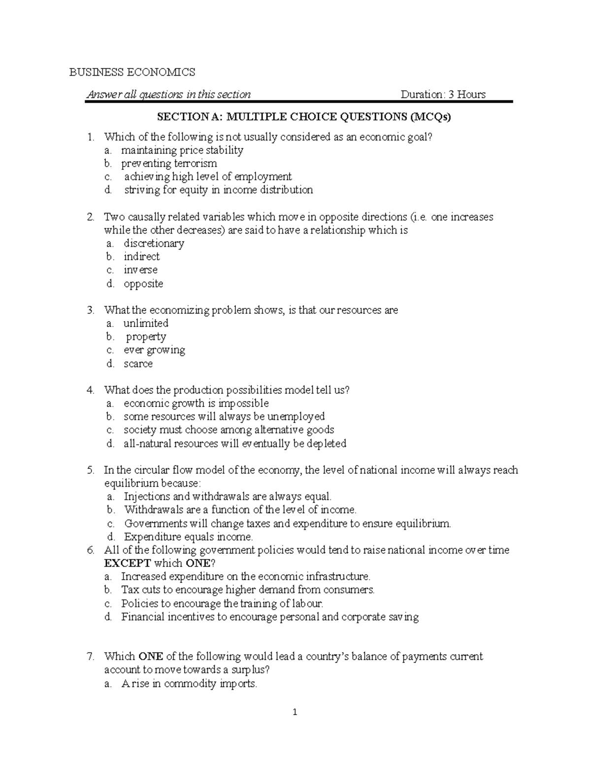 EO@S DBA - BUSINESS ECONOMICS Answer all questions in this section ...