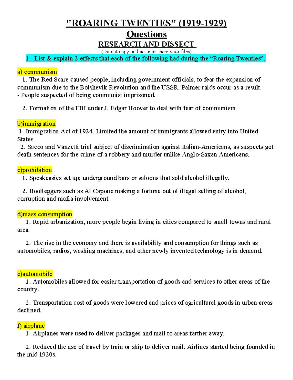 A13 Roaring Twenties - "ROARING TWENTIES" (1919-1929) Questions ...