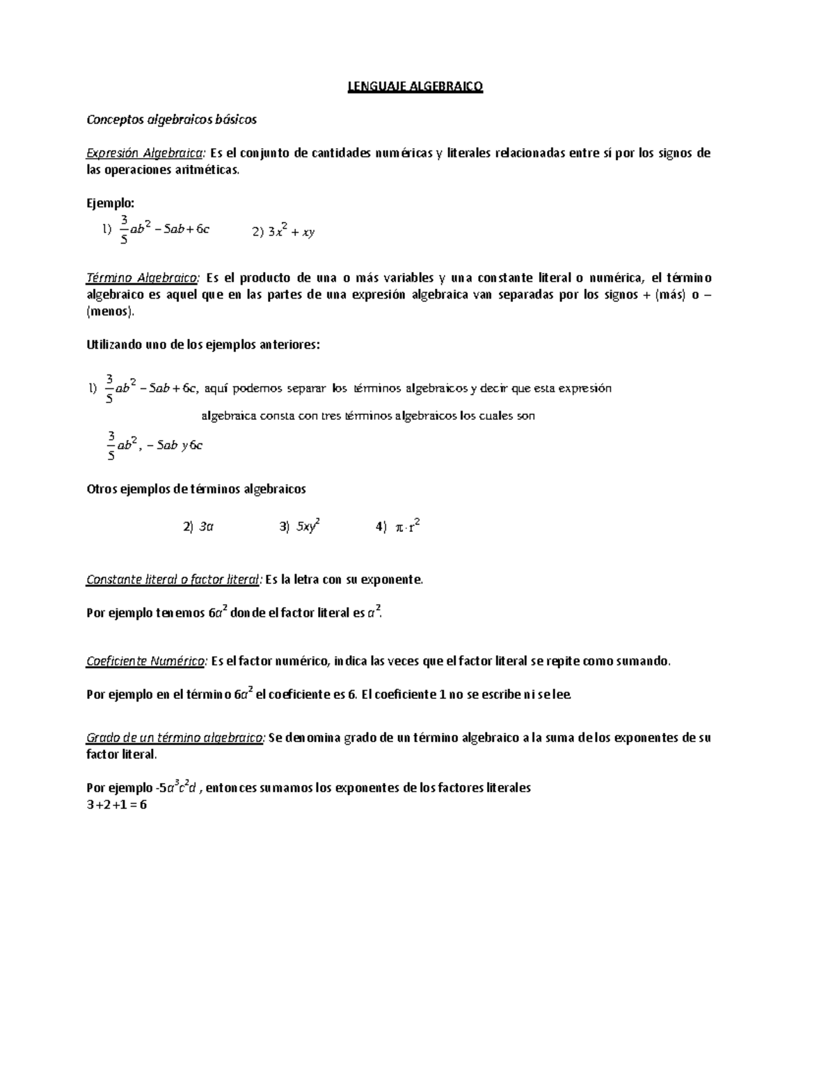 10.- Álgebra - xxxxxxxxxxxx - LENGUAJE ALGEBRAICO Conceptos algebraicos ...