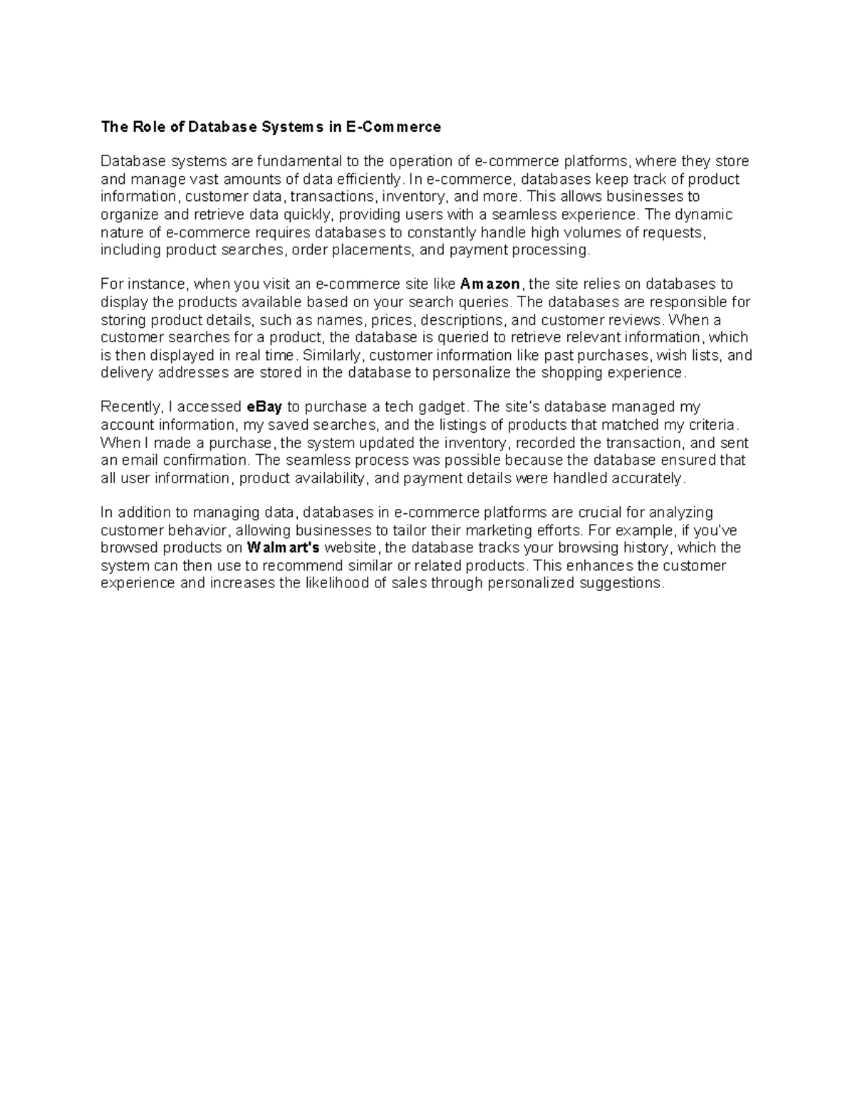 Learning Journal Unit 3 Cs 3306 Databases 2 The Role Of Database Systems In E Commerce