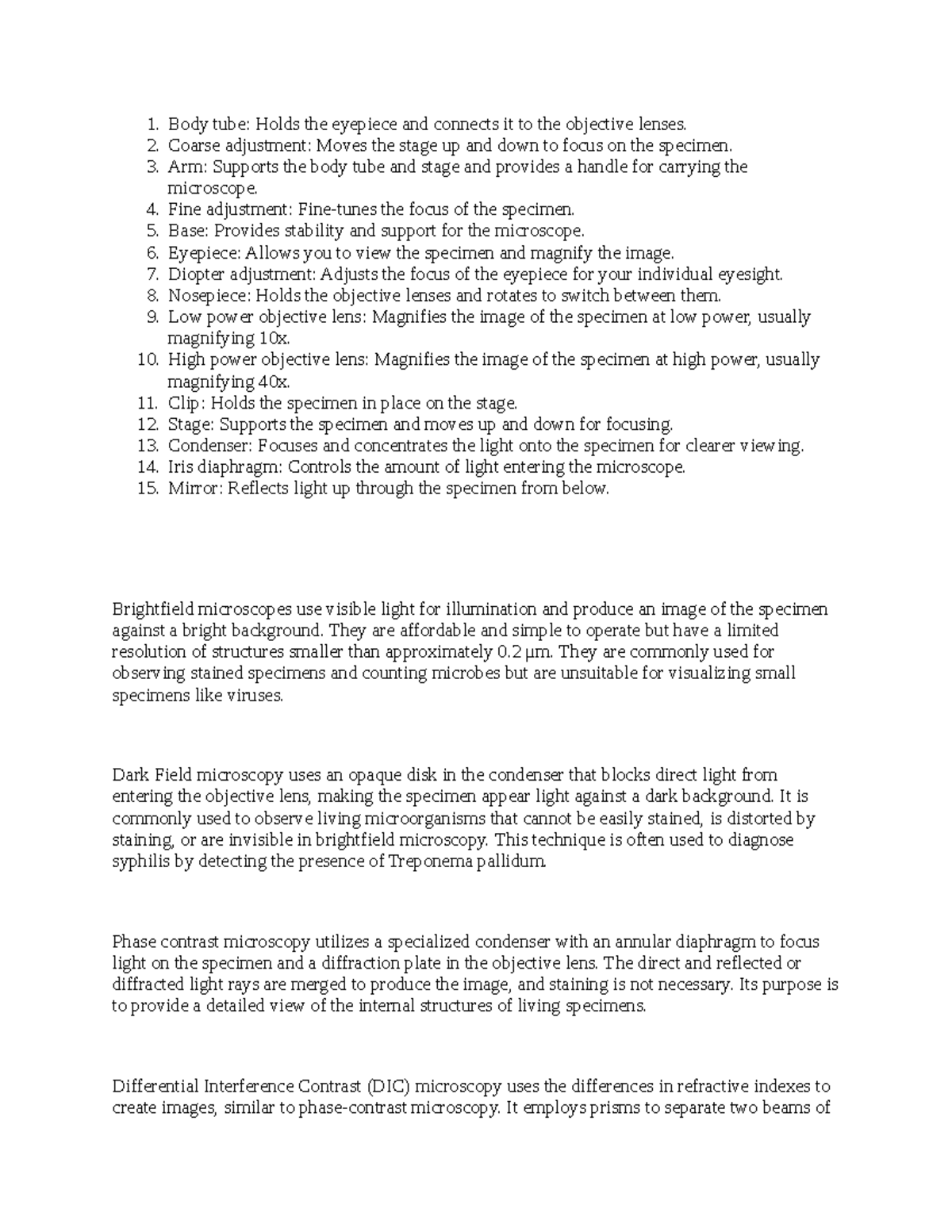 Microlab - assignment - Body tube: Holds the eyepiece and connects it ...