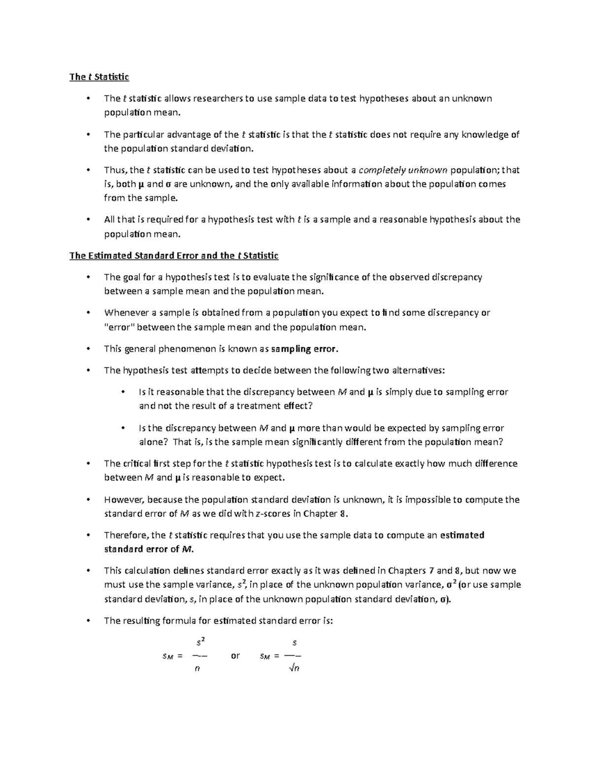 Intro to T-testing - STATS NOTES - The t Statistic The t statistic ...