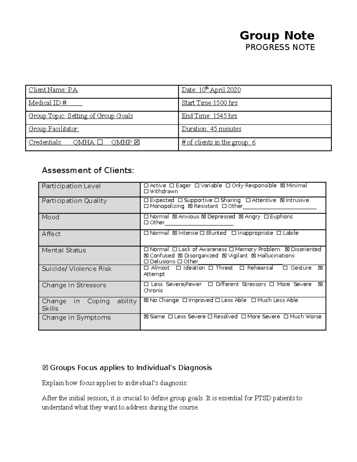 Sexual trauma Group Note 2 - Group Note PROGRESS NOTE Client Name: P ...