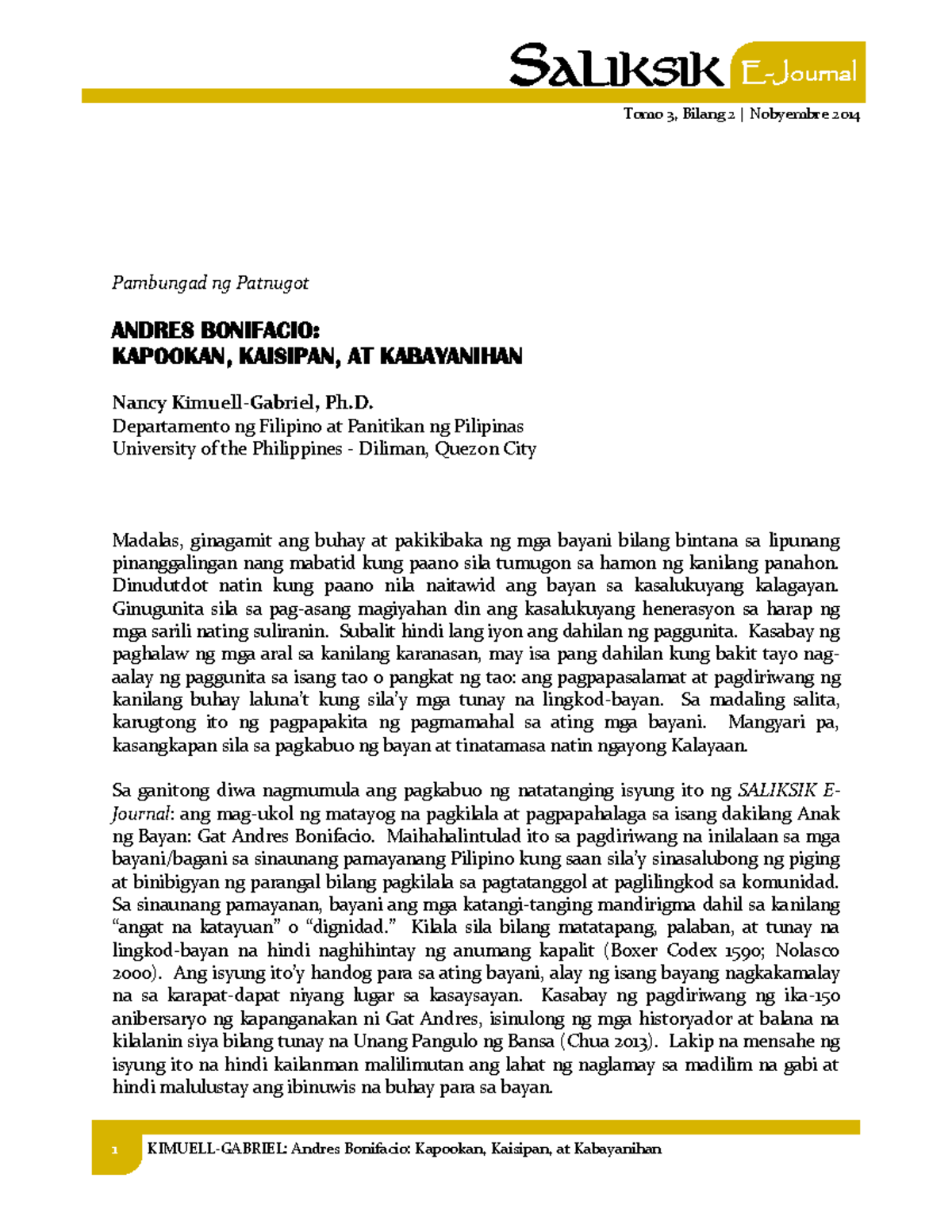 Andres Bonifacio Kapookan Kaisipanat Kabayanihan - Tomo 3, Bilang 2 | Nobyembre 2014 Pambungad ...