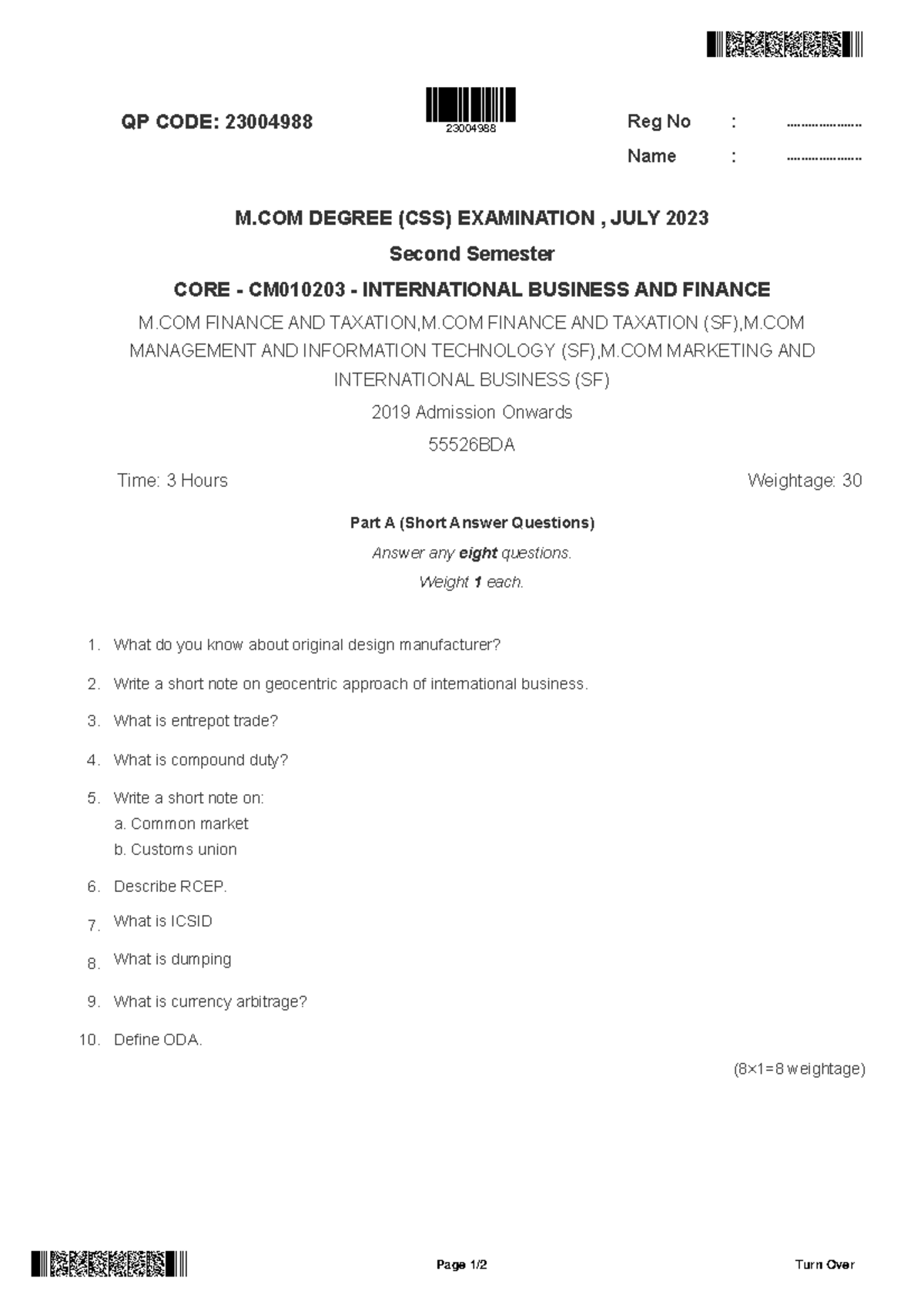 International Business AND Finance - QP CODE: 23004988 Reg No ...