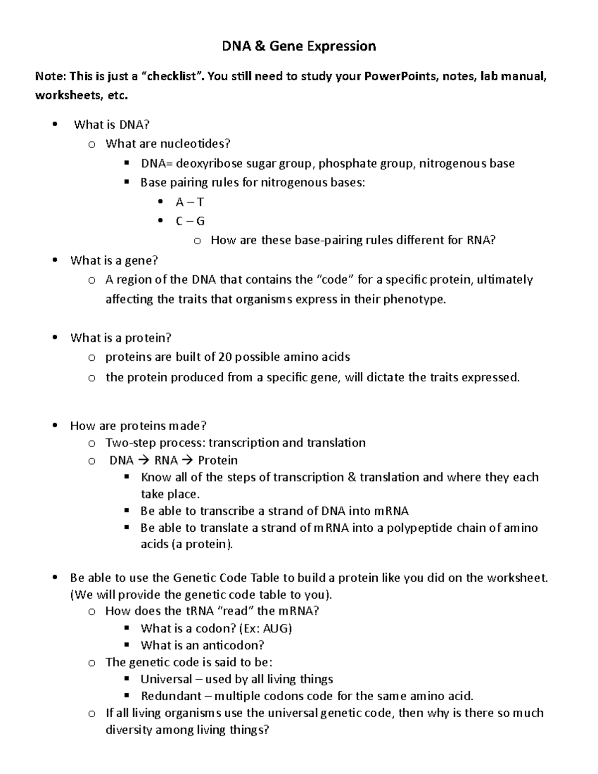 Chp. 7 - DNA and Gene Expression - Review Sheet - DNA & Gene Expression ...