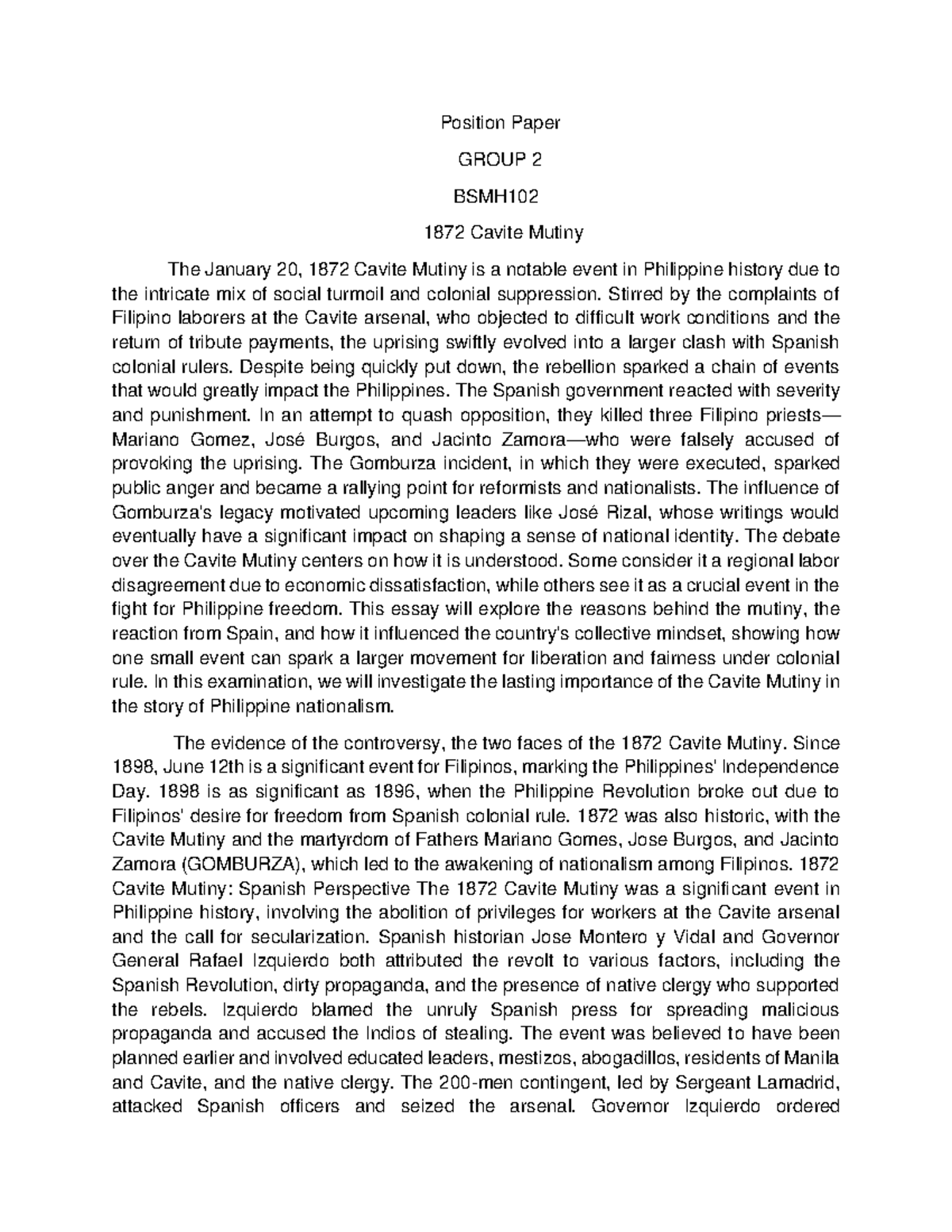 Positon Paper rph - Position Paper GROUP 2 BSMH 1872 Cavite Mutiny The January 20, 1872 Cavite ...