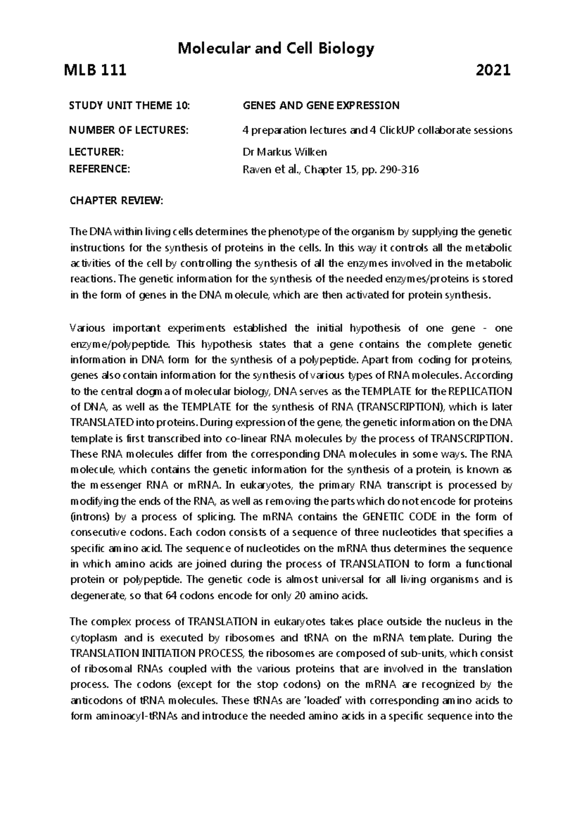 Study Outcomes- For Unit10 of MLB111 (2021) - Molecular and Cell ...