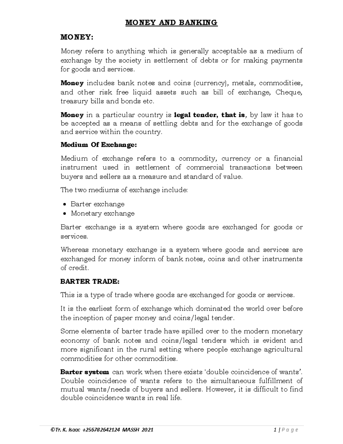 Money AND Banking Notes 2021 - MONEY AND BANKING MONEY: Money refers to ...