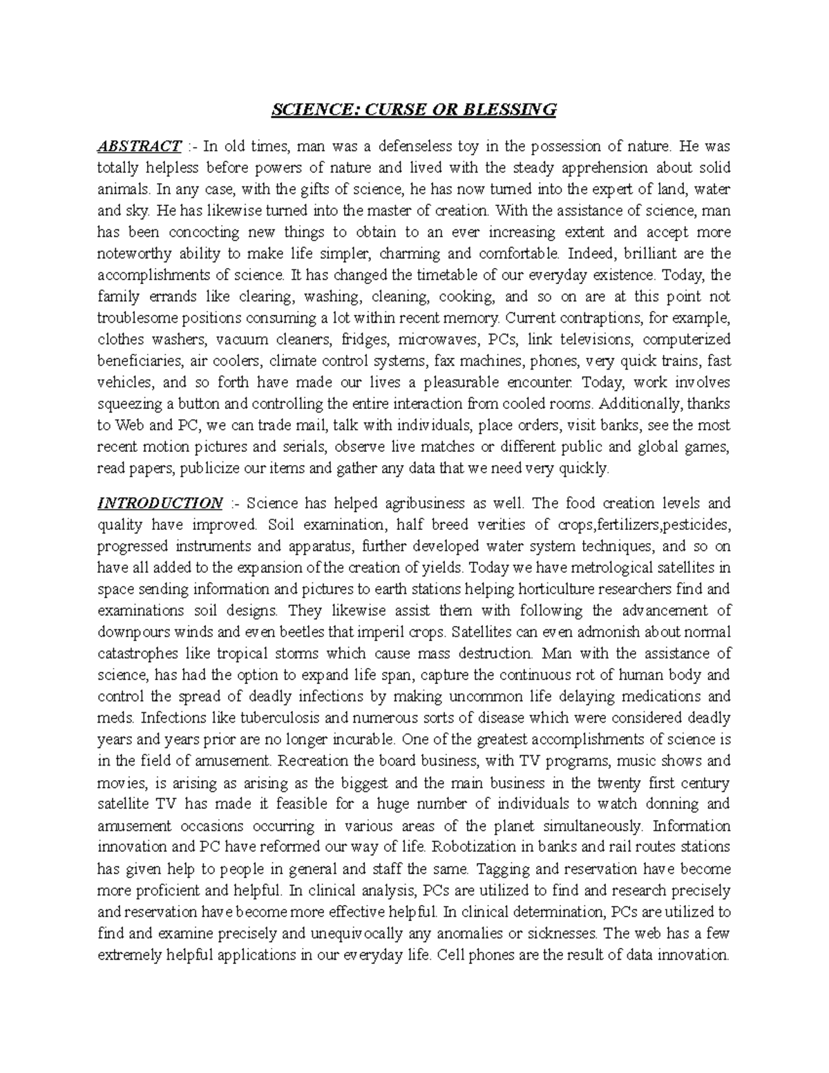 Science Curse OR Blessing - SCIENCE: CURSE OR BLESSING ABSTRACT :- In ...