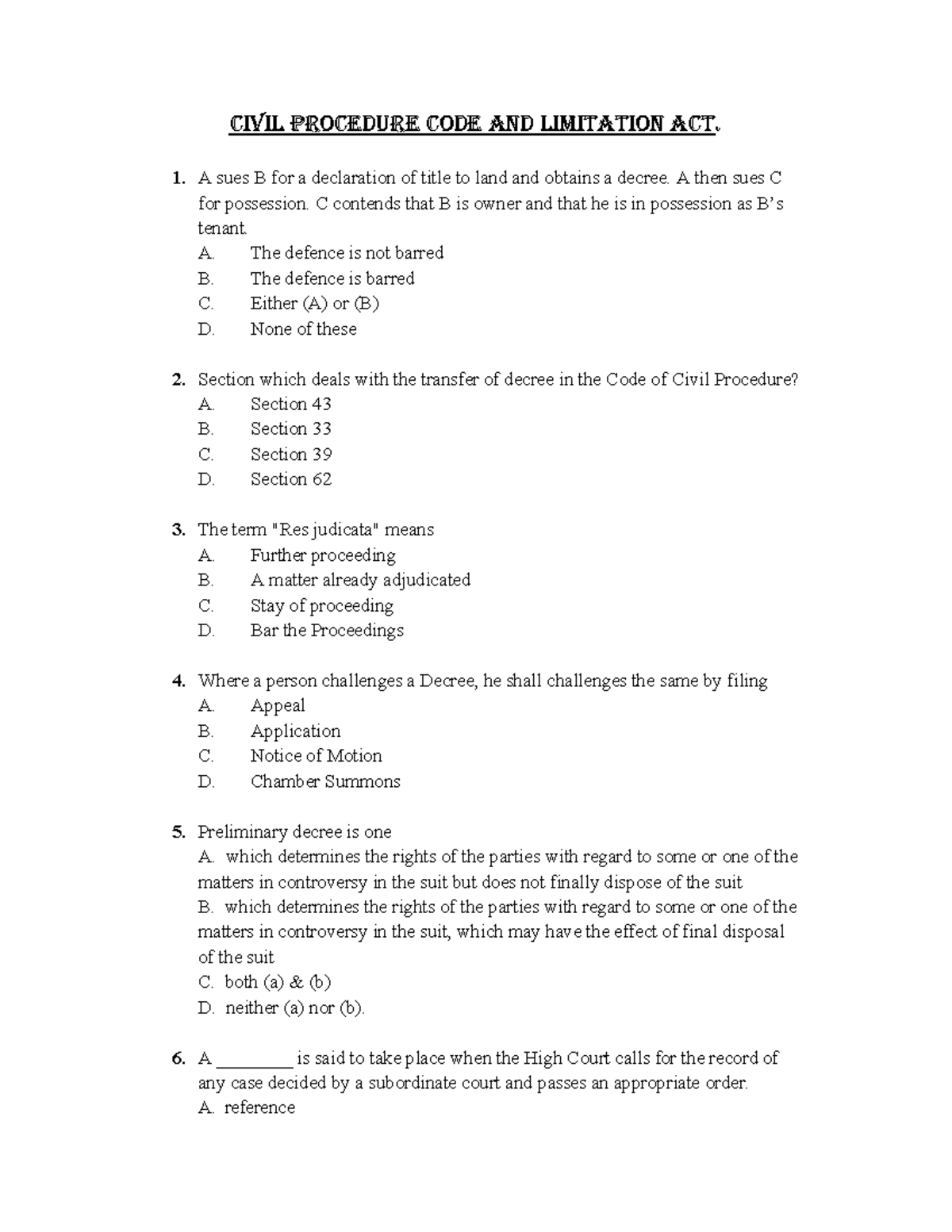 Sample MCQs FOR Semester -V (LL.B.) & Semester-IX (B - CIVIL PROCEDURE CODE AND LIMITATION ACT ...