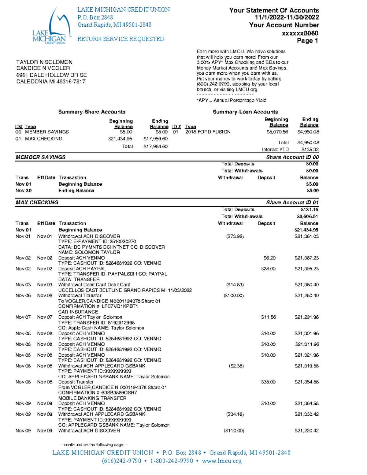 Statement - N/A - ID# Type Beginning Balance Ending Balance 00 MEMBER ...