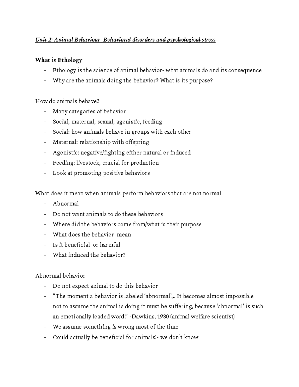 UNIT TWO Summary - Lecture notes - Unit 2: Animal Behaviour- Behavioral ...