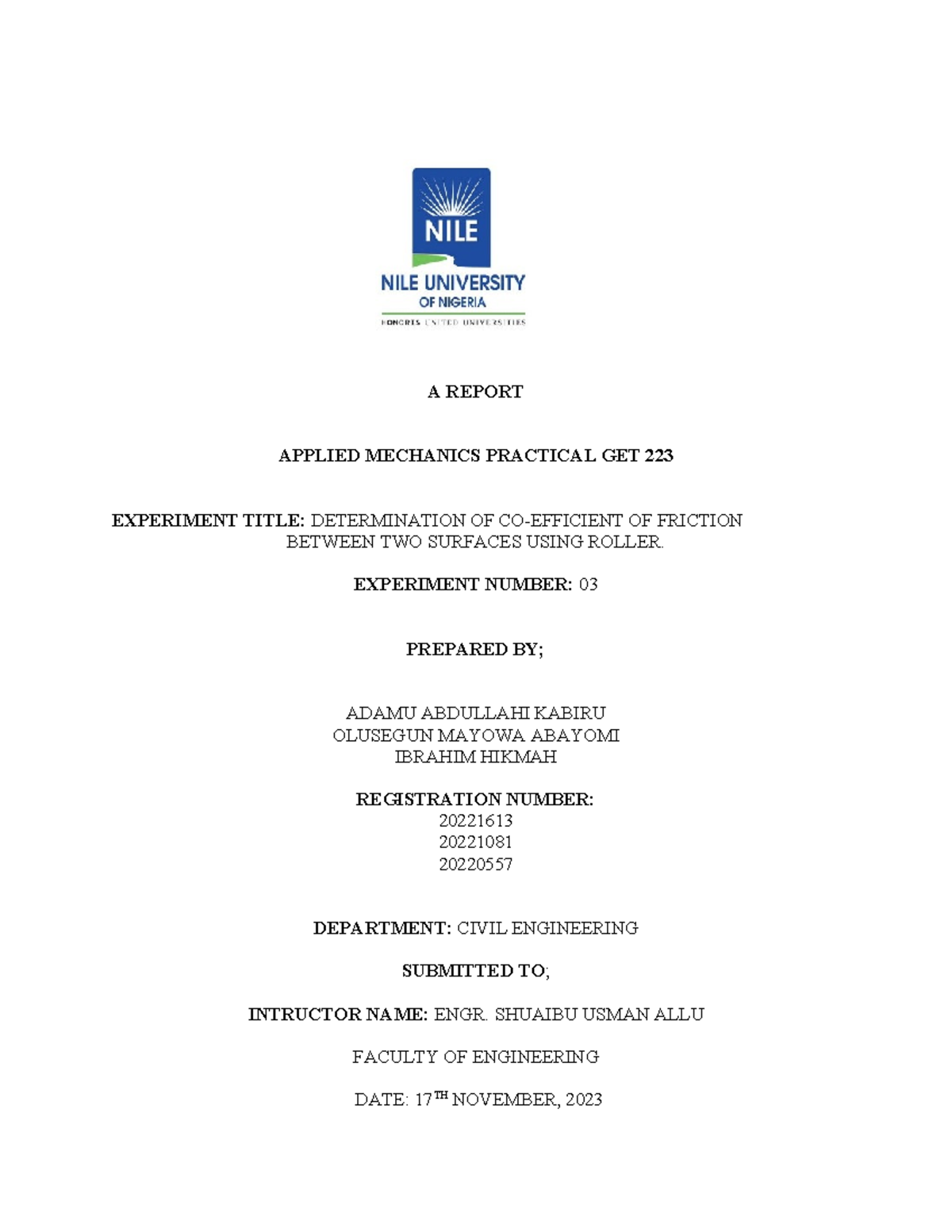 Mechanics lab practical - A REPORT APPLIED MECHANICS PRACTICAL GET 223 ...