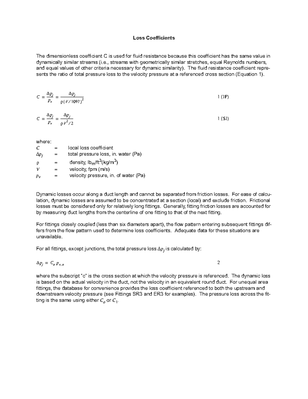 Loss Coefficients - Loss Coefficients The dimensionless coefficient C ...
