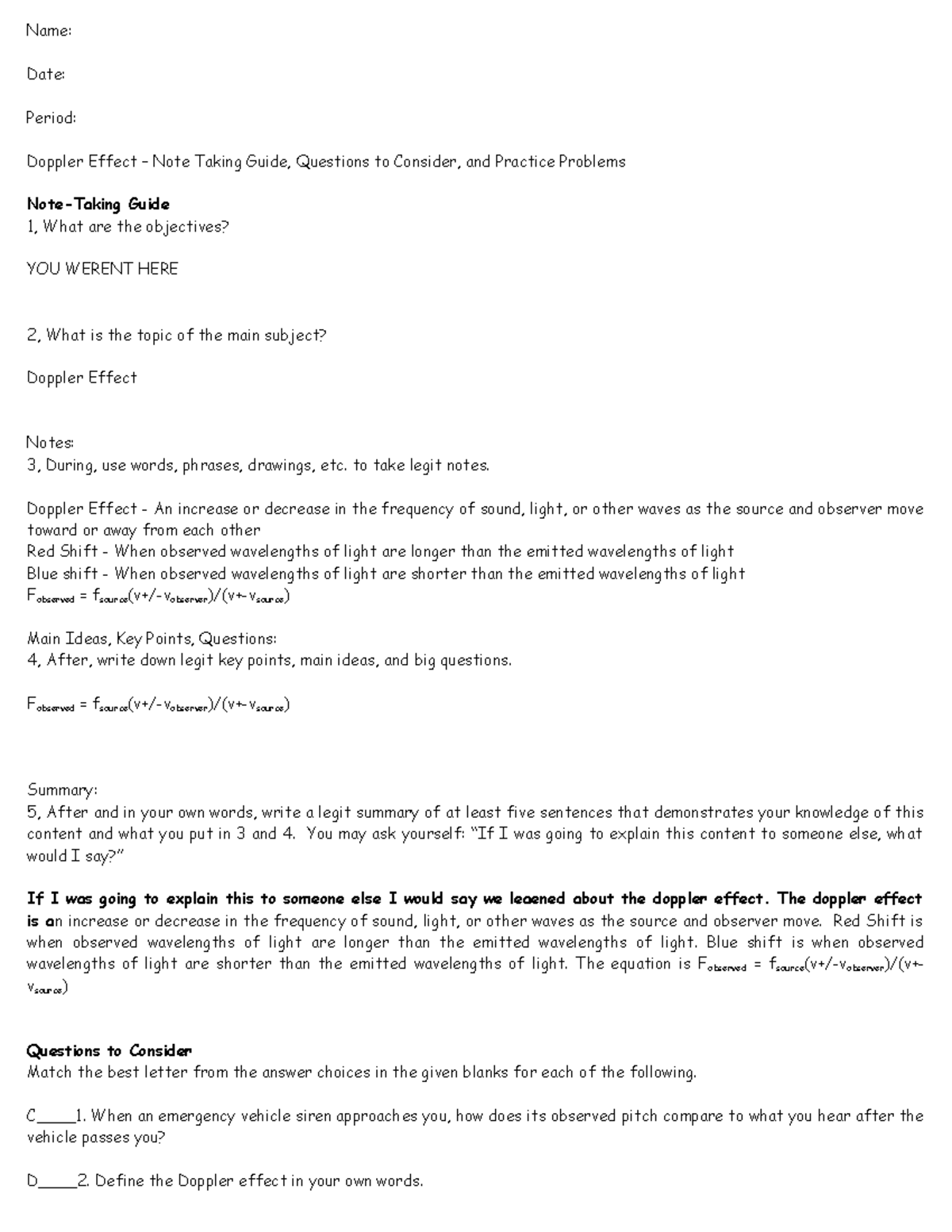 Doppler Effect – Note Taking Guide, Questions to Consider, and Practice ...