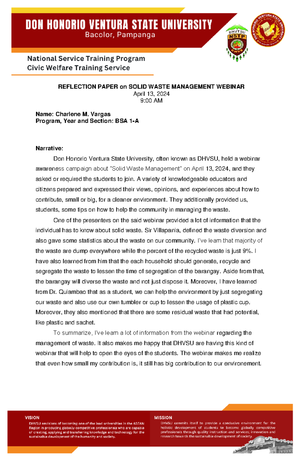 Reflection-Paper-Format - REFLECTION PAPER on SOLID WASTE MANAGEMENT ...