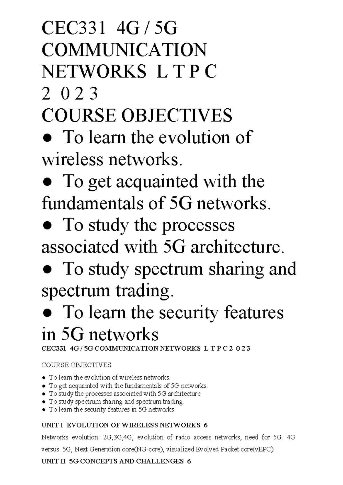 Ilide - Notes - CEC331 4G / 5G COMMUNICATION NETWORKS L T P C 2 0 2 3 ...