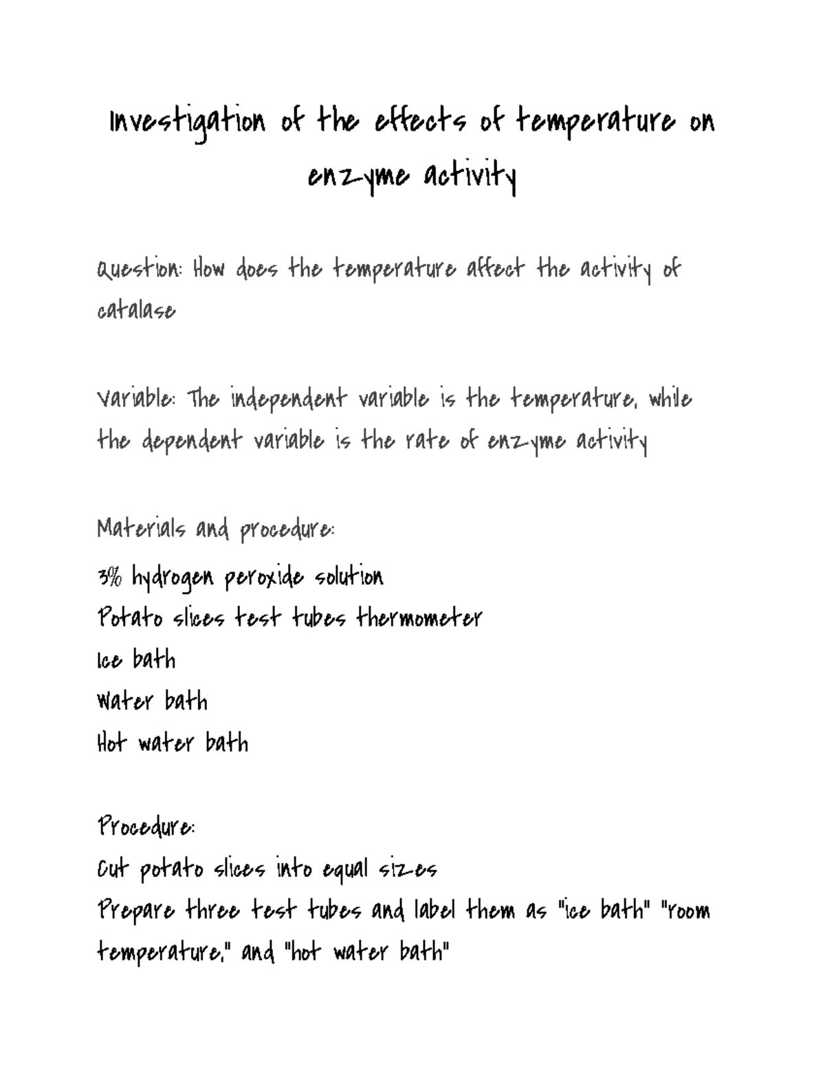 Lab report - Investigation of the effects of temperature on enzyme ...