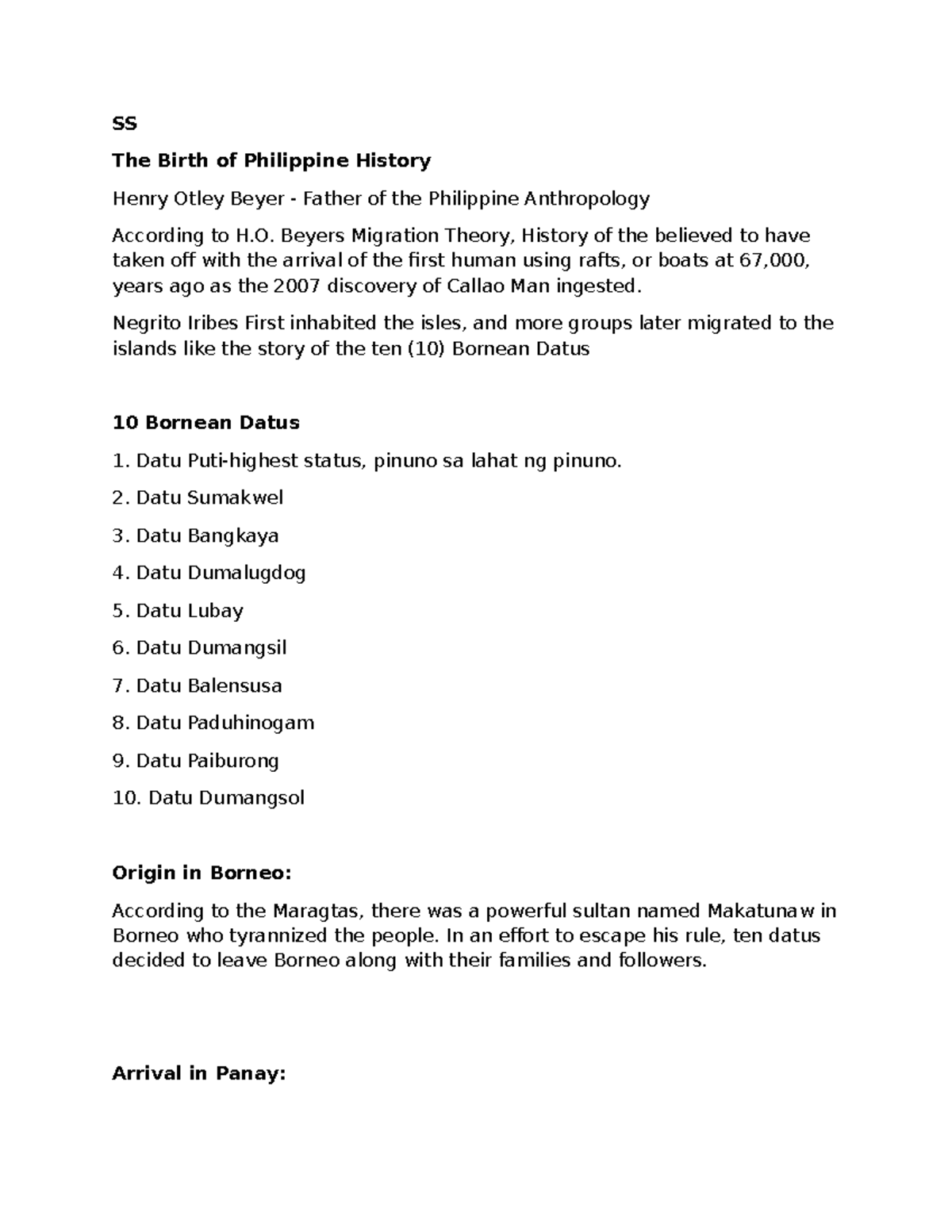 Reviewer-SS - SS The Birth of Philippine History Henry Otley Beyer ...
