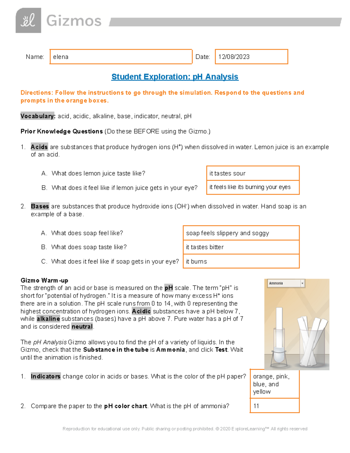 Gizmo pH Analysis SE - Name: elena Date: 12/08/ Student Exploration: pH ...