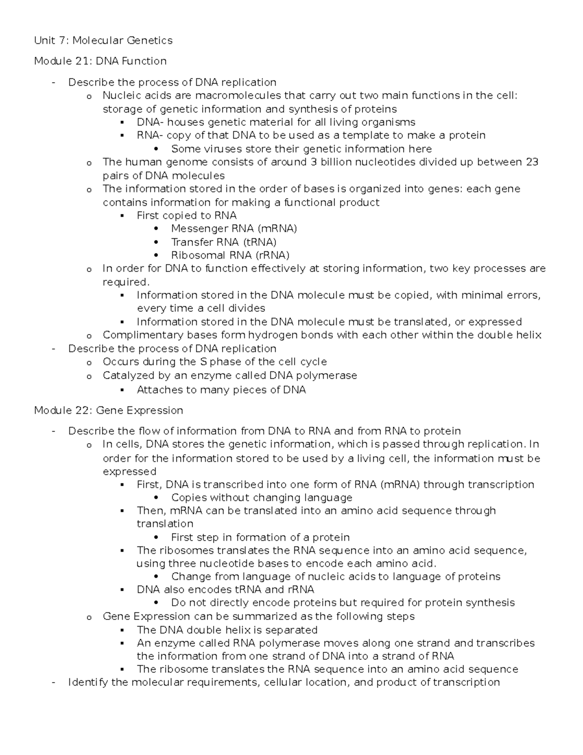 Unit 7 - Lecture notes Unit 7 - Unit 7: Molecular Genetics Module 21 ...