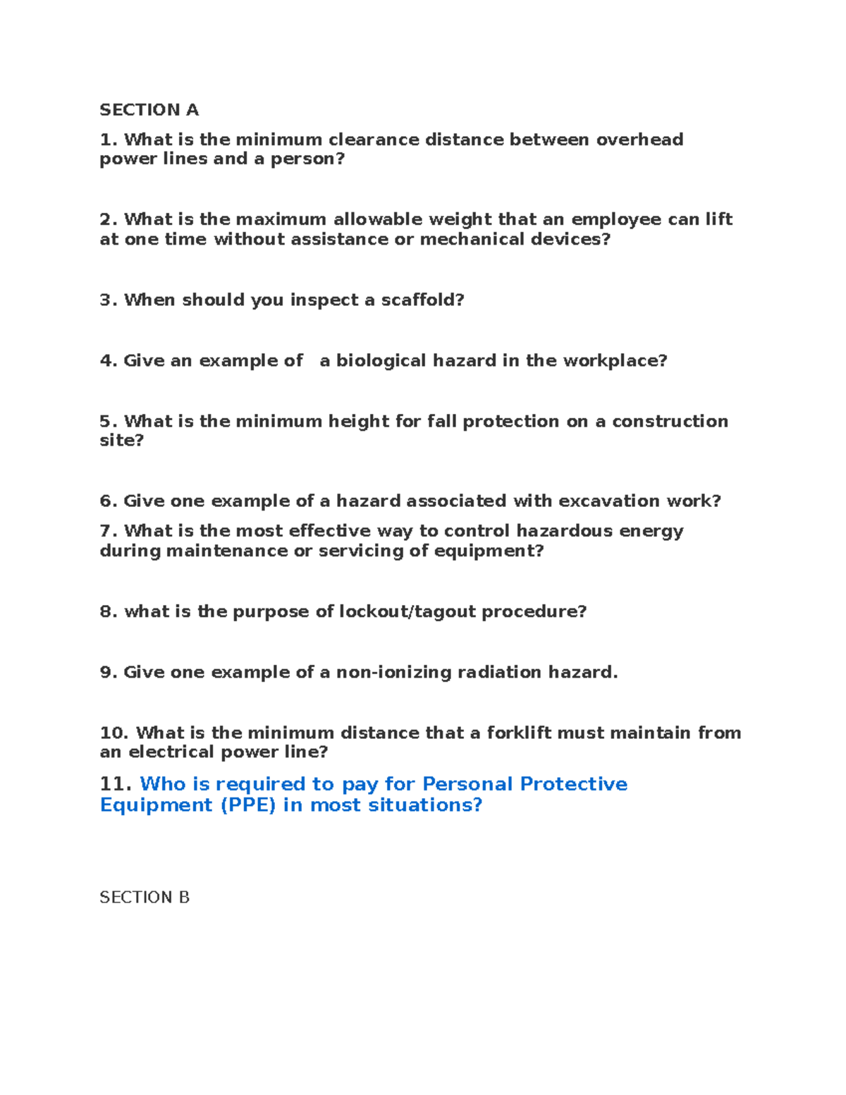 OSHA Questions - SECTION A 1. What is the minimum clearance distance ...
