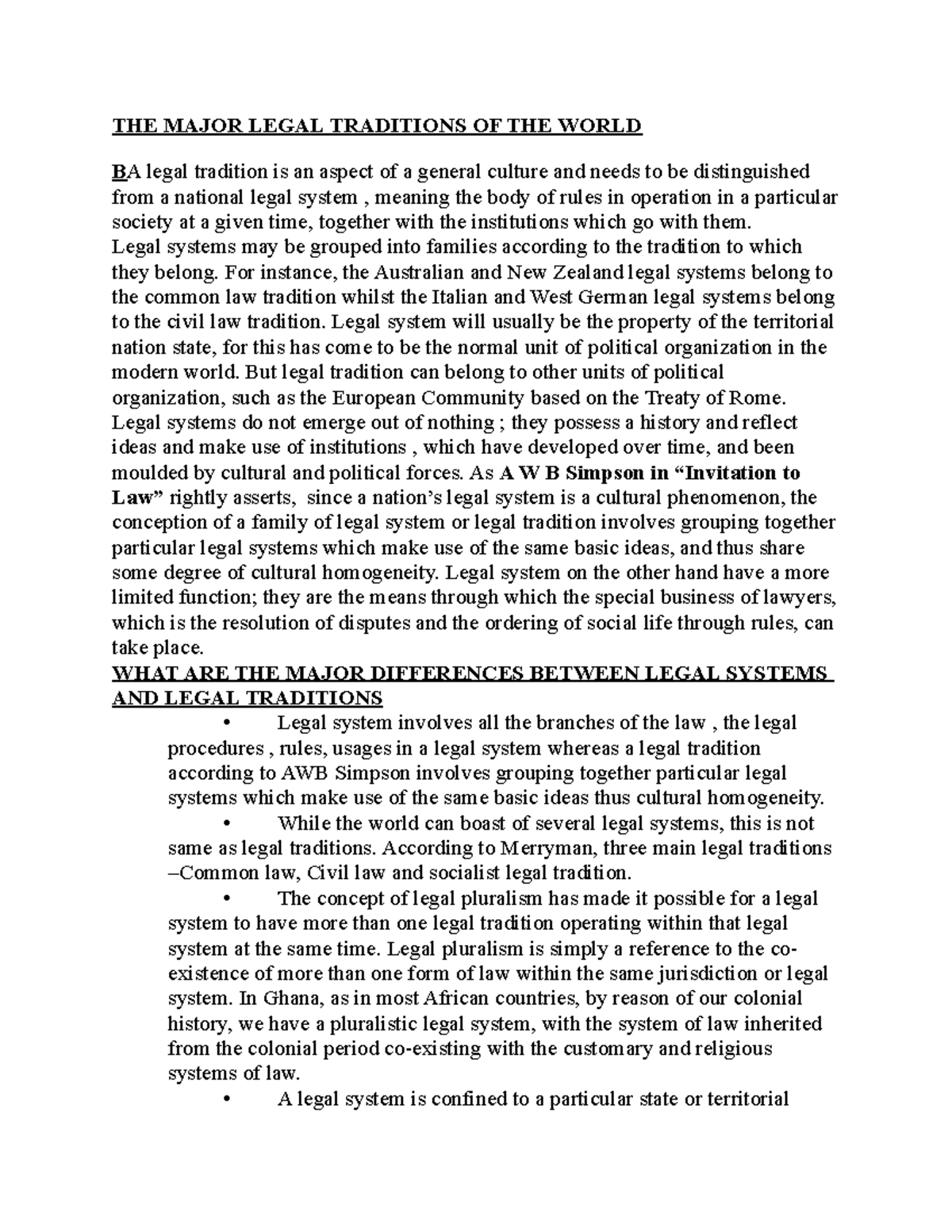 GLS Notes (Paa Joy) copy - THE MAJOR LEGAL TRADITIONS OF THE WORLD BA ...