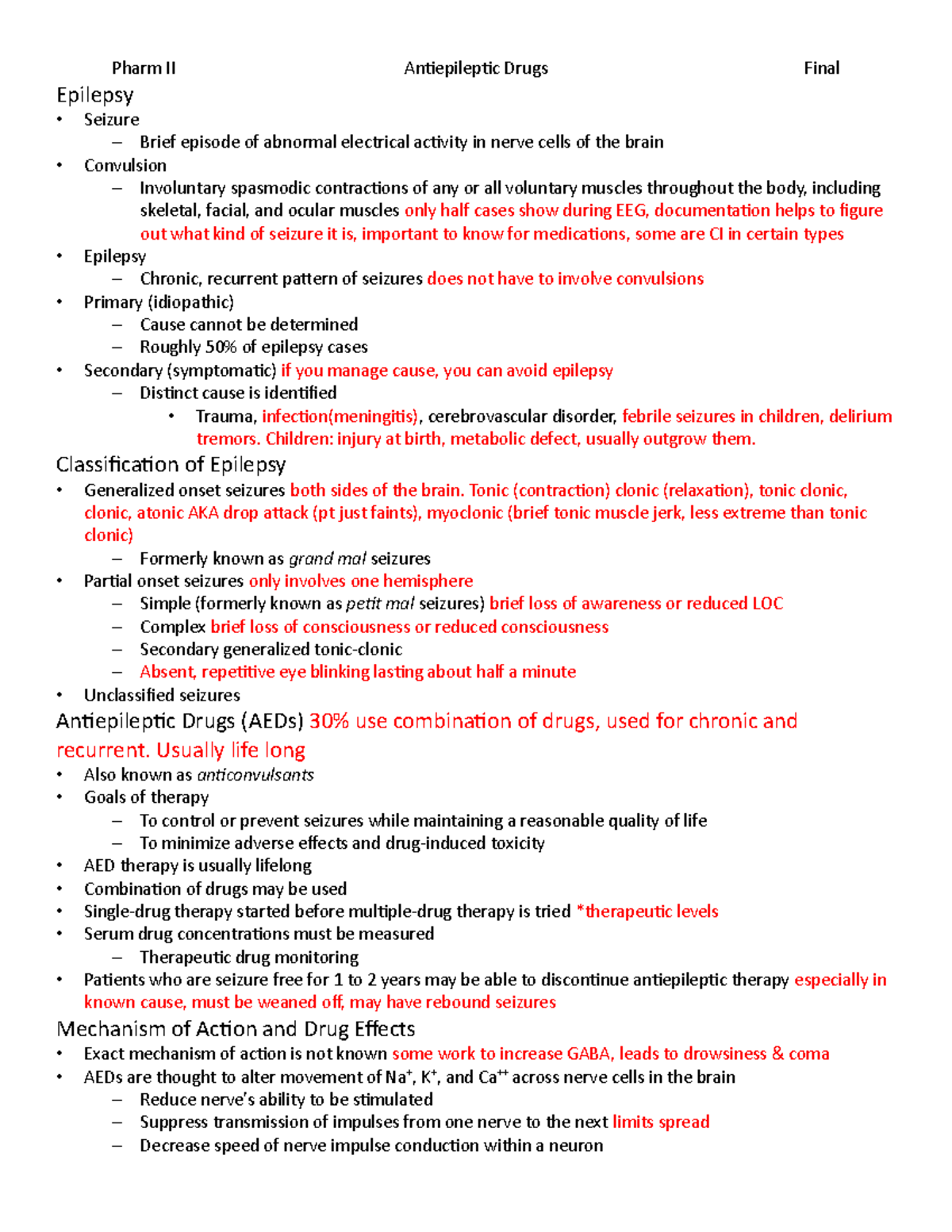 Seizure drug notes - Pharm II Antiepileptic Drugs Final Epilepsy ...