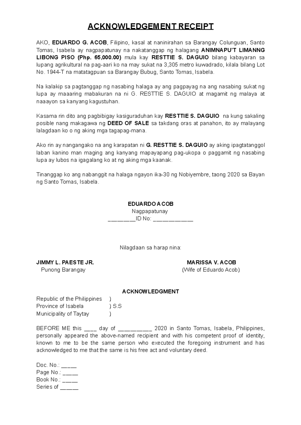 Acknowledgement Receipt - ACKNOWLEDGEMENT RECEIPT AKO, EDUARDO G. ACOB ...